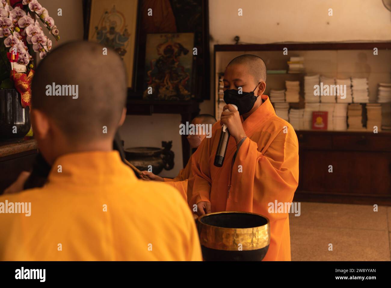 Bandung, Indonesia - January 8, 2022 : the monks with orange robes ...
