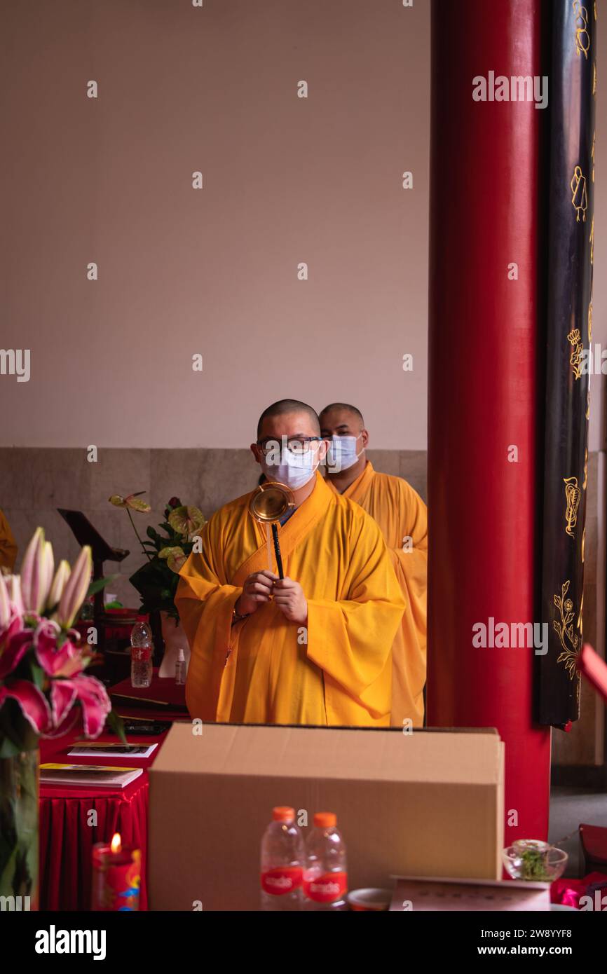 Bandung, Indonesia - January 8, 2022 : The chief monk led the praying ...