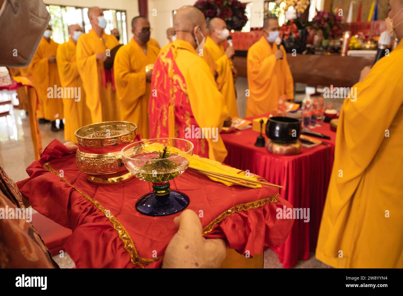 Bandung, Indonesia - January 8, 2022 : The monks meet at the altar o pray together with the ...