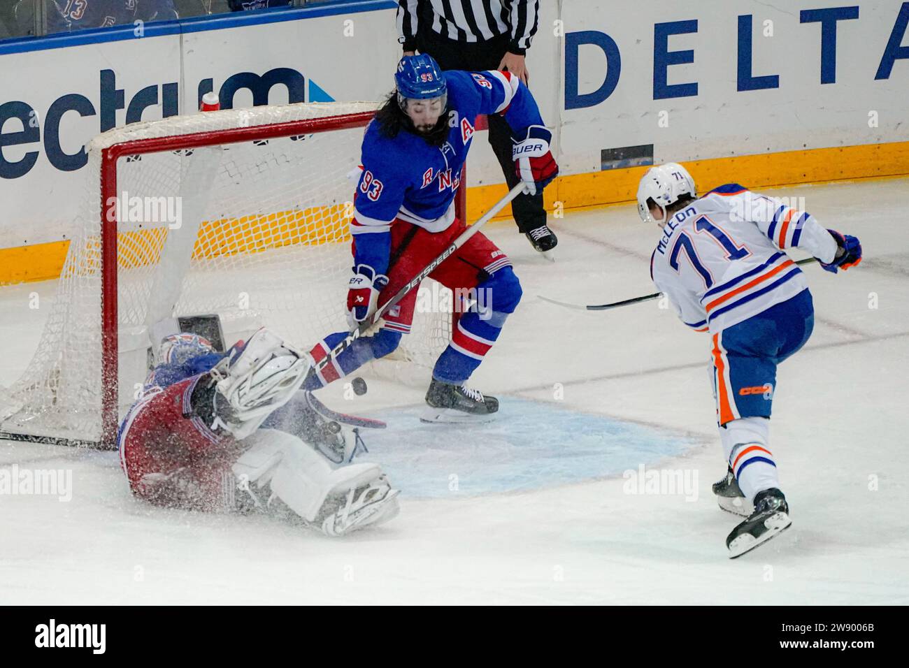 Edmonton Oilers center Ryan McLeod (71) scores during the third period ...