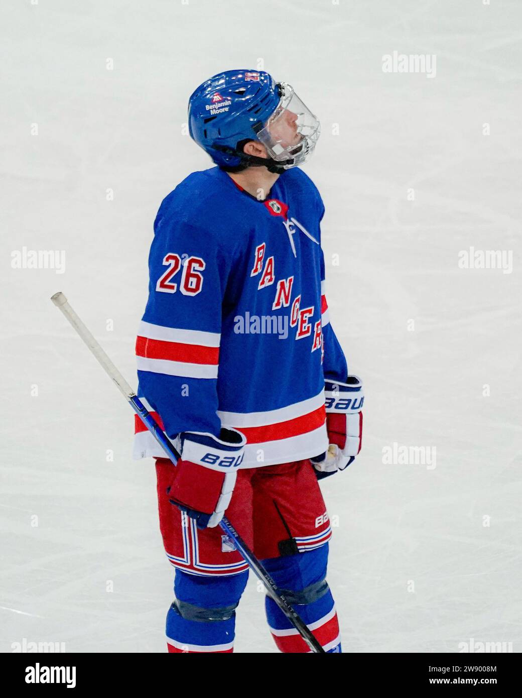 New York Rangers left wing Jimmy Vesey (26) looks up at the Jumbotron ...