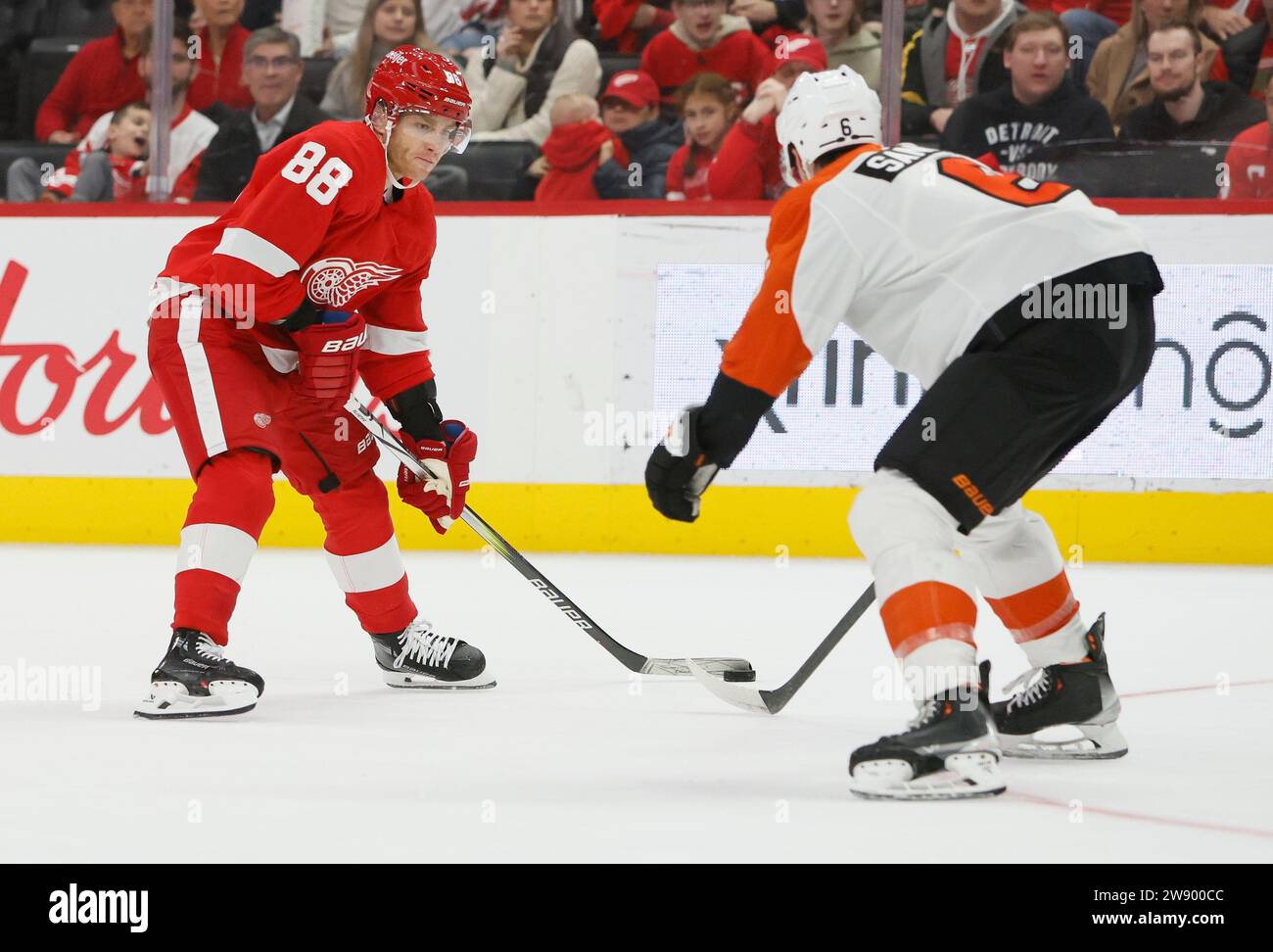 Detroit Red Wings right wing Patrick Kane (88) drives against Philadelphia Flyers defenseman ...