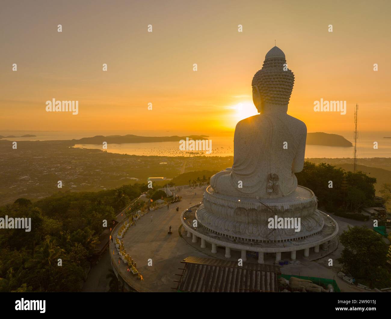 Aerial view scenery yellow sunrise in front of Phuket Big Buddha the ...