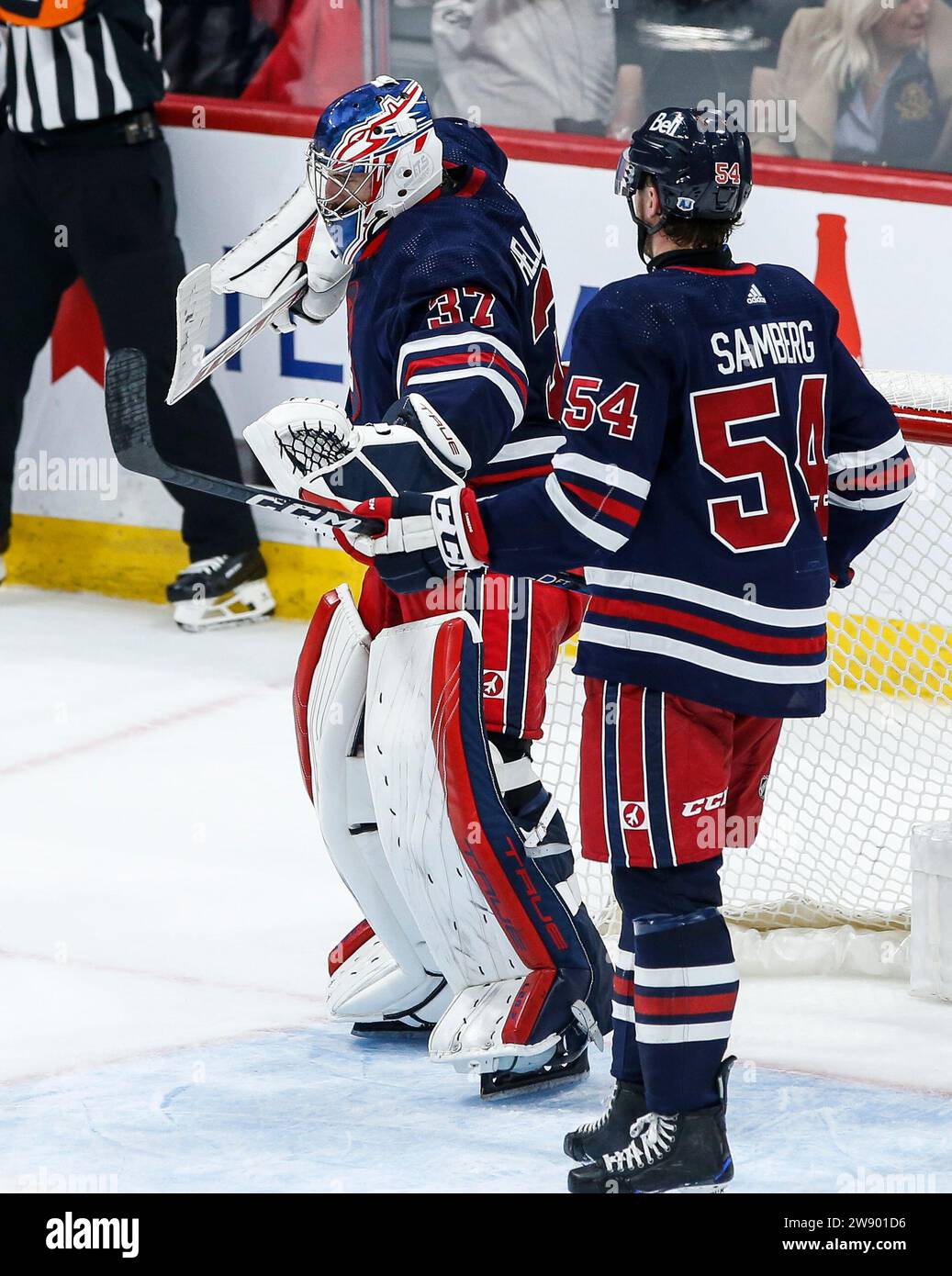 Winnipeg Jets goaltender Connor Hellebuyck (37) celebrates the team's ...