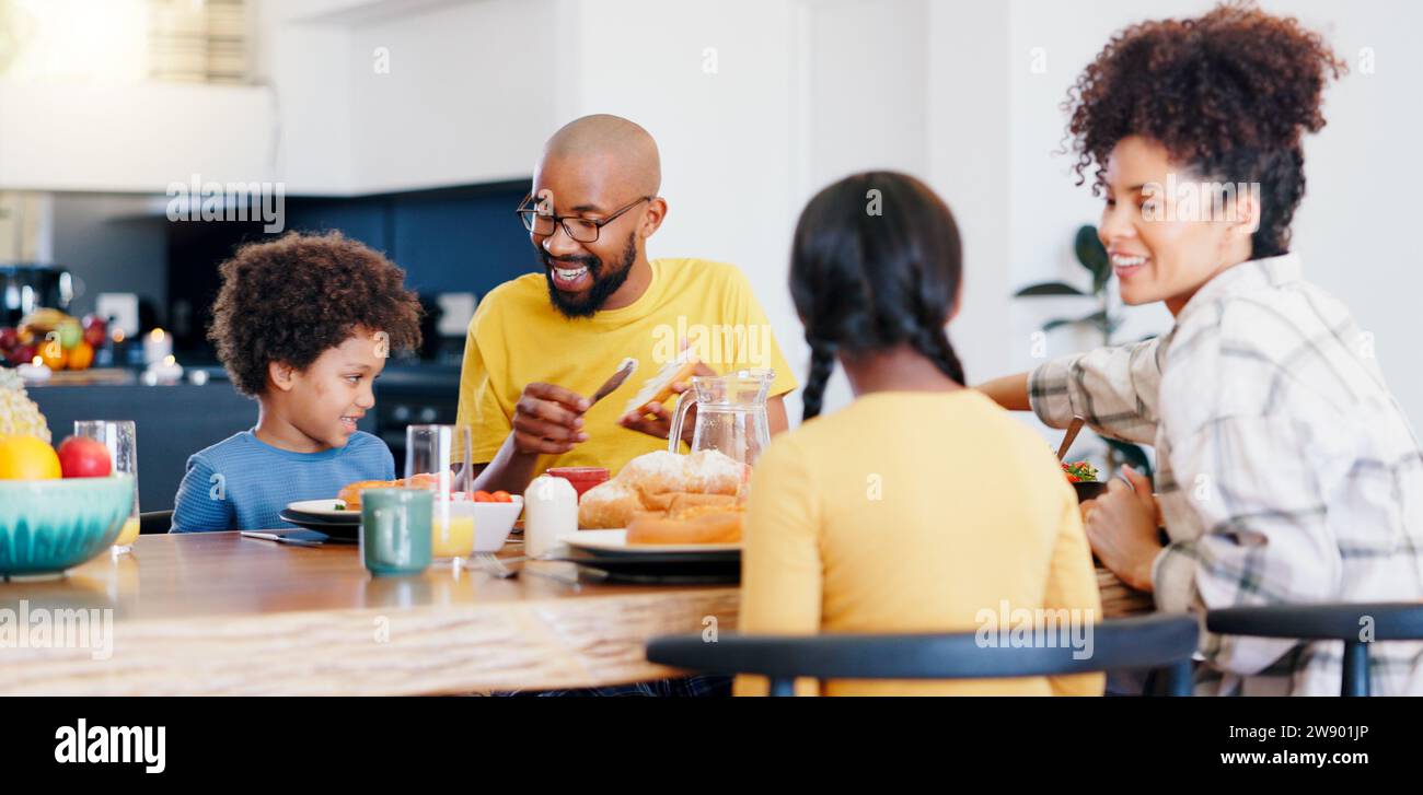 Black family, food and parents with kids for breakfast, lunch and ...