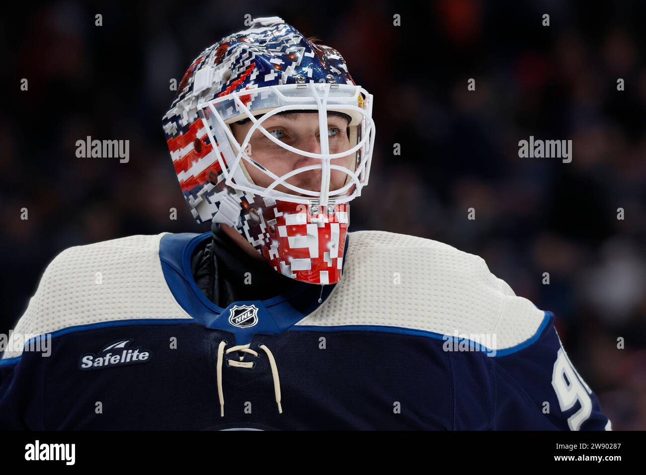 Columbus Blue Jackets' Elvis Merzlikins plays against the Washington ...