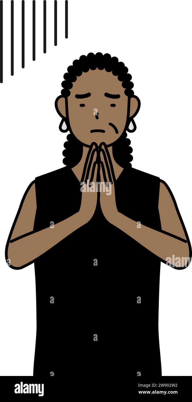 African-American senior woman apologizing with her hands in front of ...