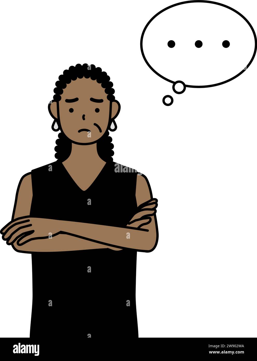 African-American senior woman with crossed arms, deep in thought ...