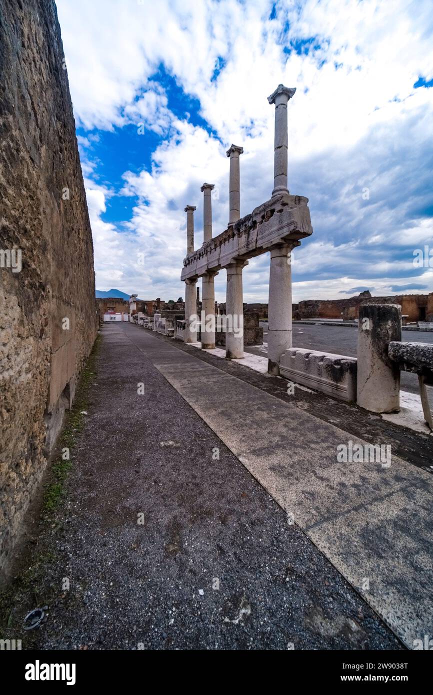 Ruins of the Forum in the archaeological site of Pompeii, an ancient ...