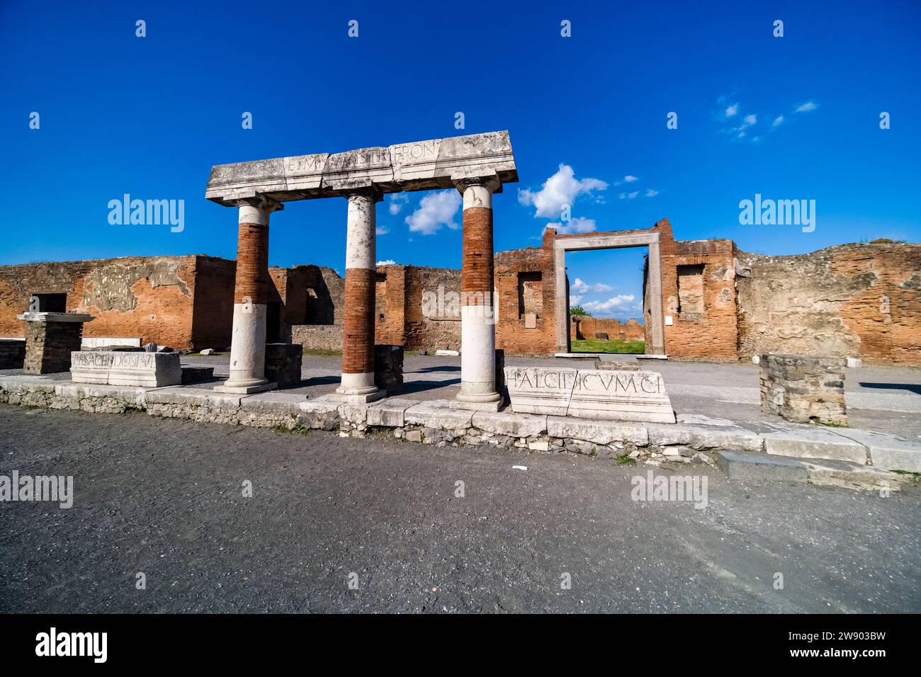 Ruins of the Forum in the archaeological site of Pompeii, an ancient ...