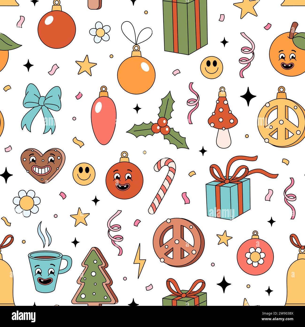 Christmas groovy elements pattern. Groovy Hippie holiday texture with ...