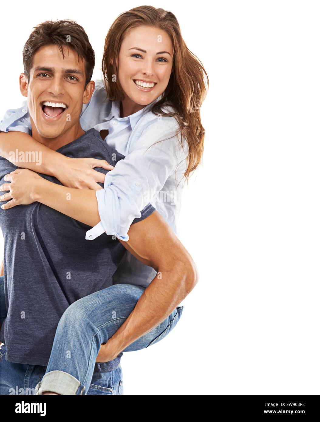 Happy couple, portrait and hug on piggyback for care, love or ...