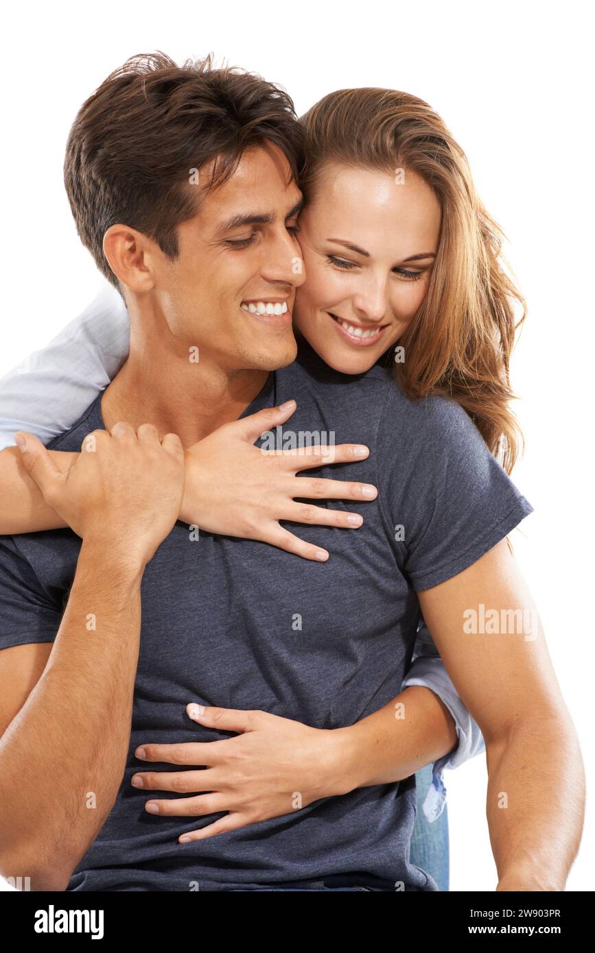 Happy couple, hug and love in embrace, care or compassion for trust ...
