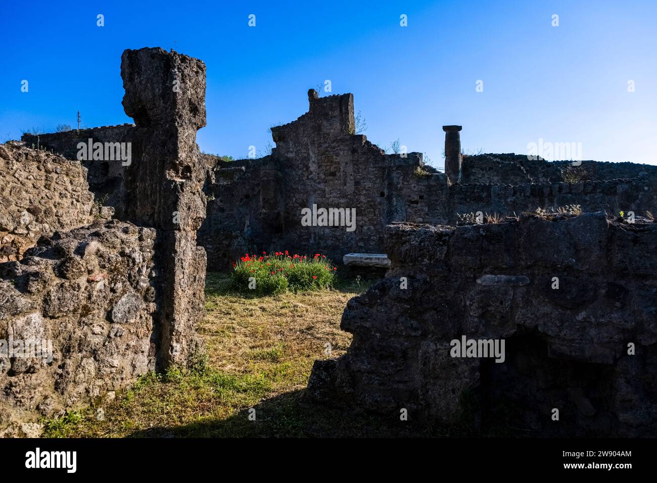 Ruins in the archaeological site of Pompeii, an ancient city destroyed ...