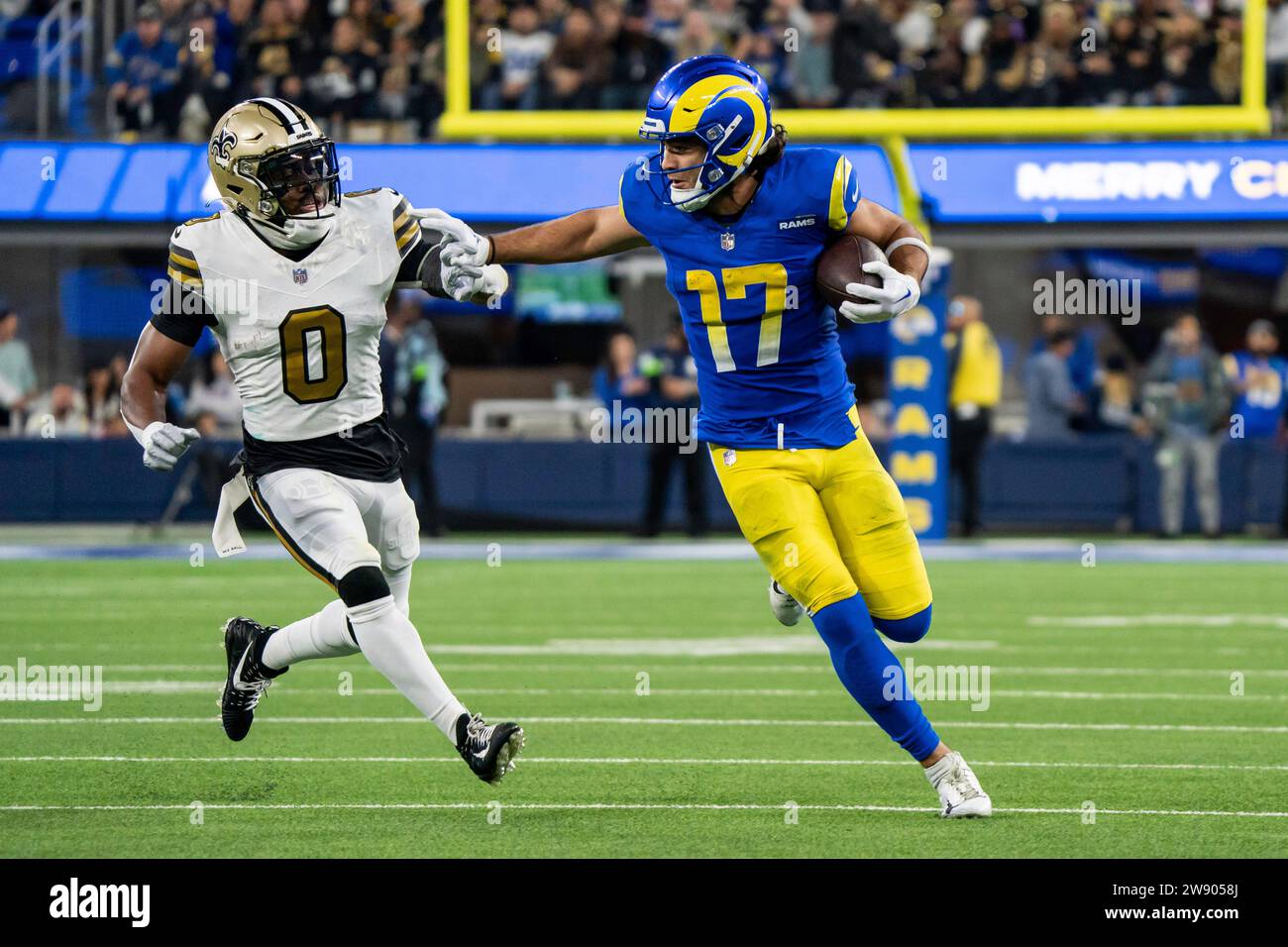 Los Angeles Rams wide receiver Puka Nacua (17) is chased by New Orleans ...