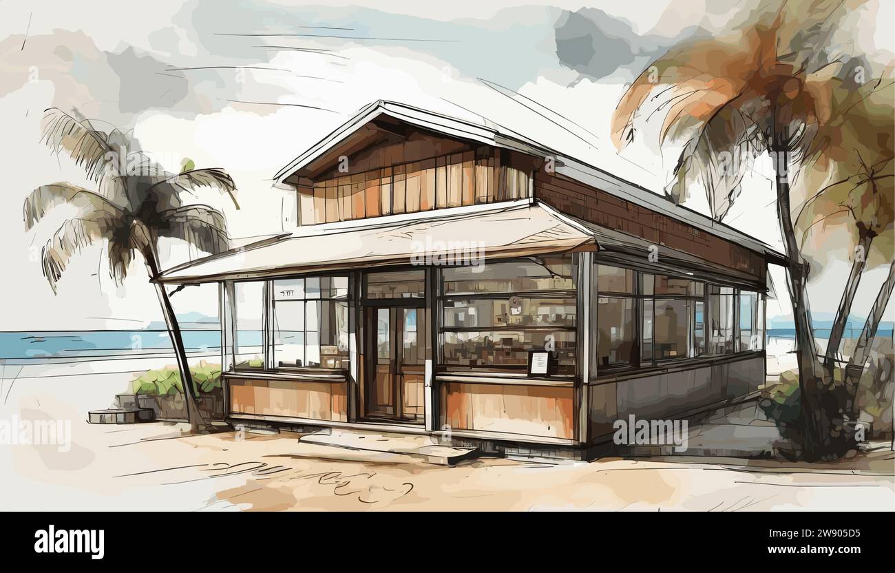 Watercolor sketch and lines of the exterior of a coffee shop building ...