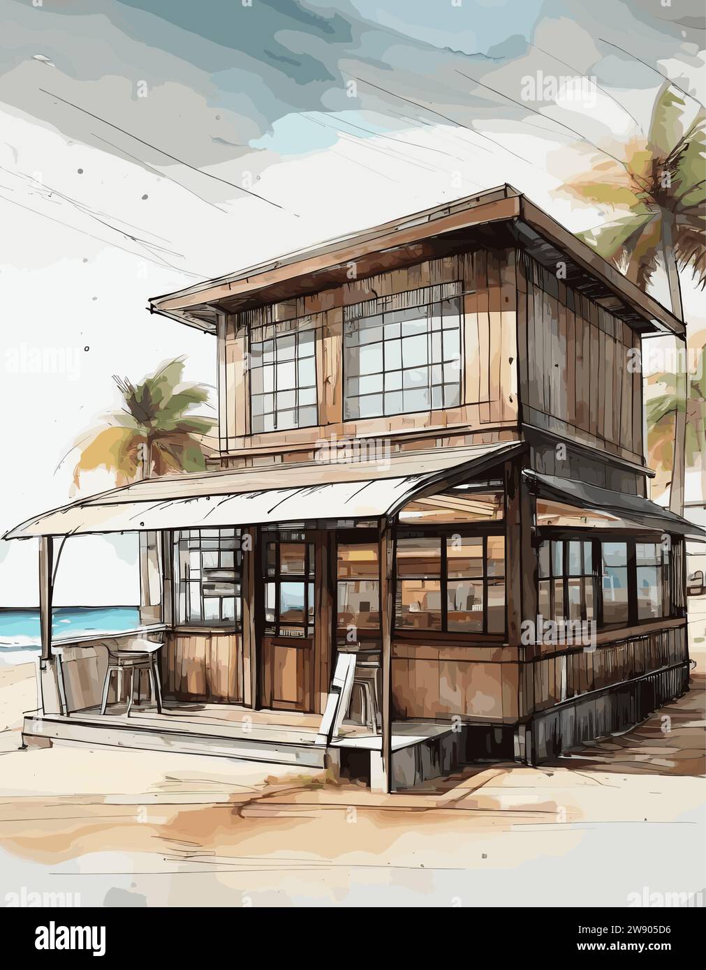 Watercolor sketch and lines of the exterior of a coffee shop building ...