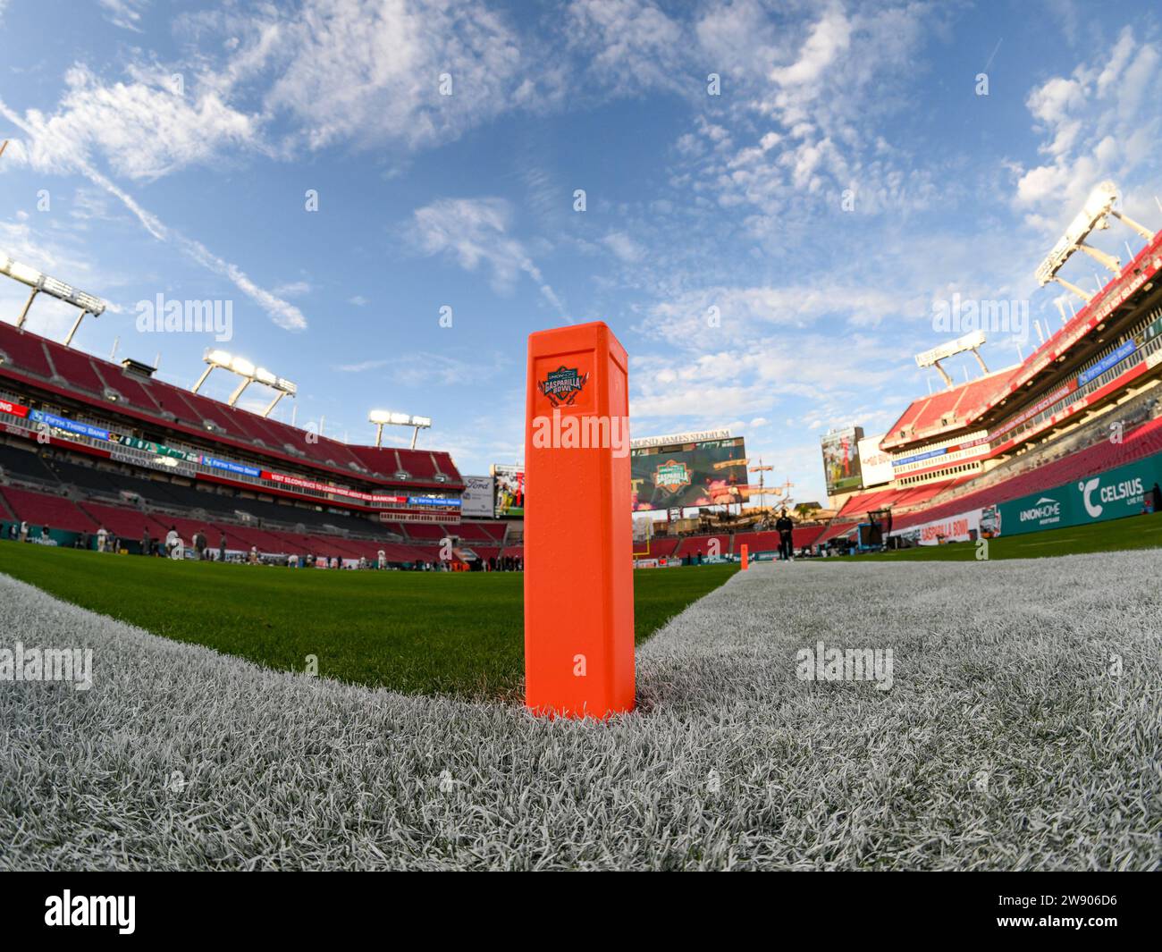 Tampa, FL, USA. 22nd Dec, 2023. End zone pylon as seen before the start ...