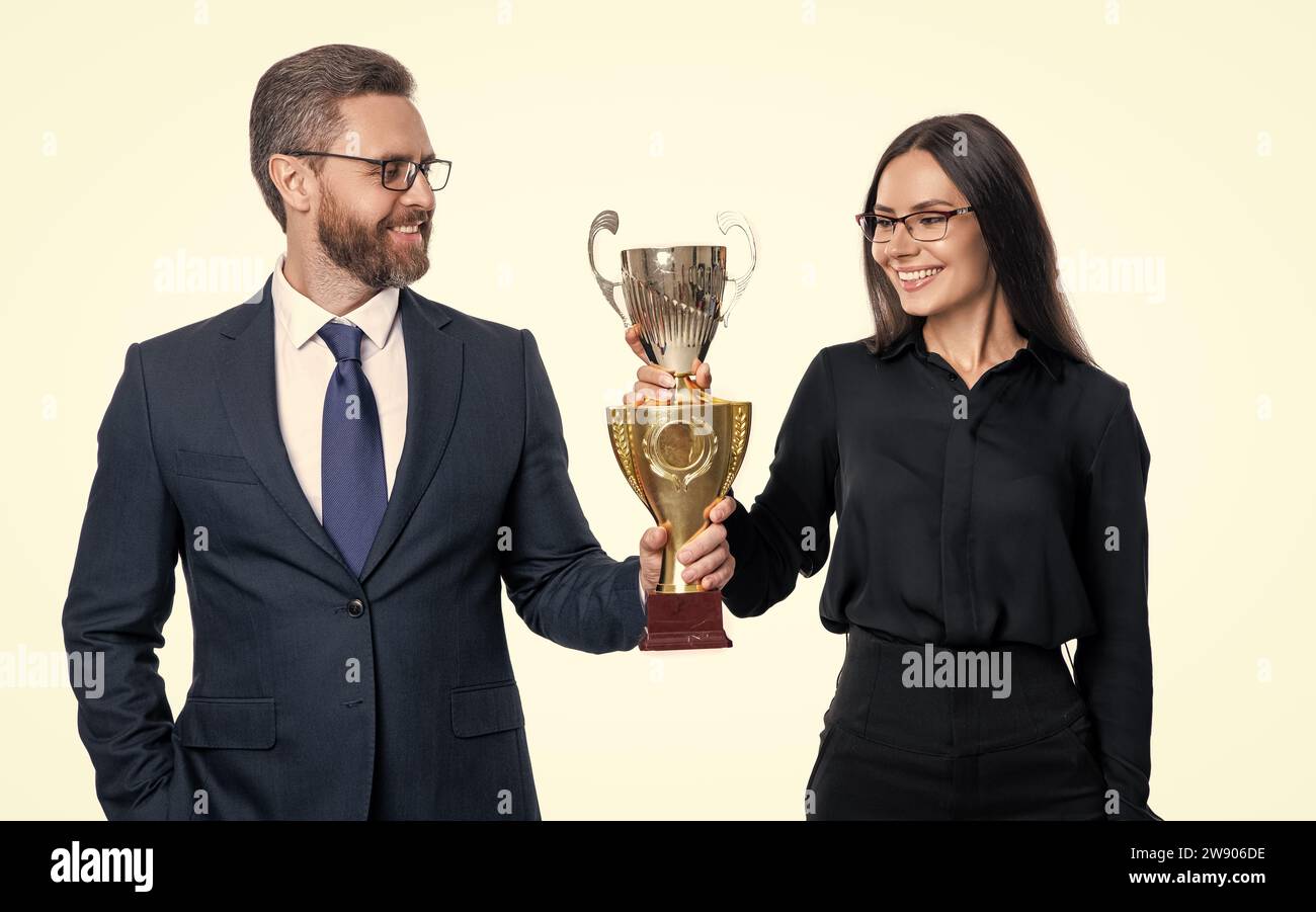 happy partners celebrate business success isolated on white background ...