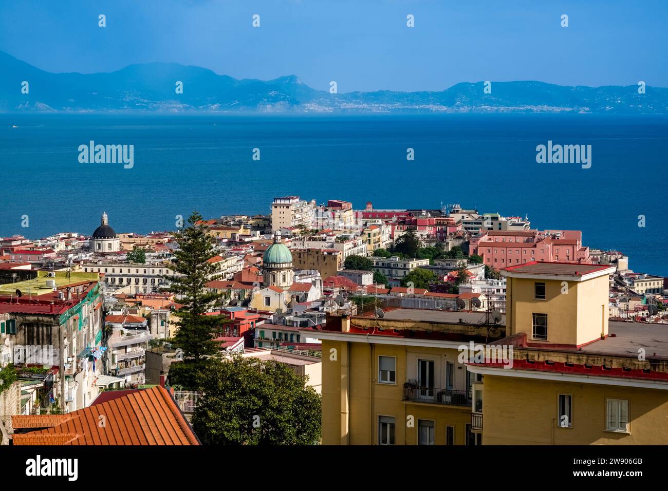Aerial view of the buildings of the town Naples and the Gulf of Naples ...