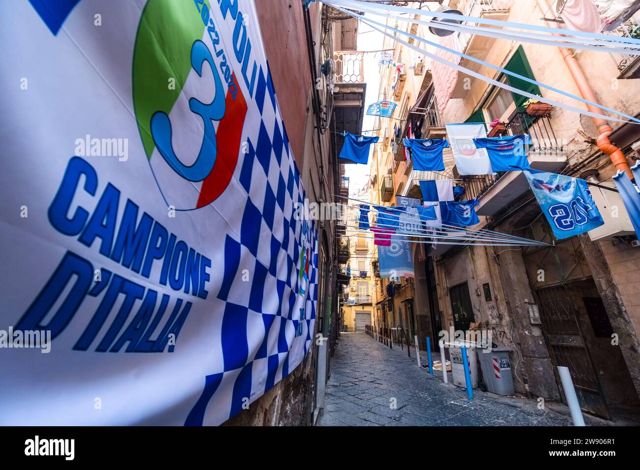 All the streets of Naples are decorated with flags of SSC Napoli, who ...