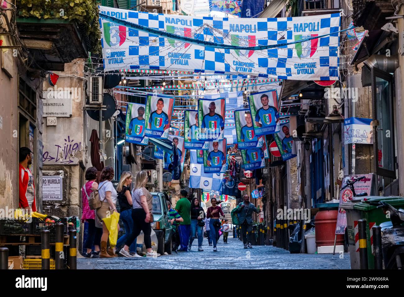 All the streets of Naples are decorated with flags of SSC Napoli, who ...