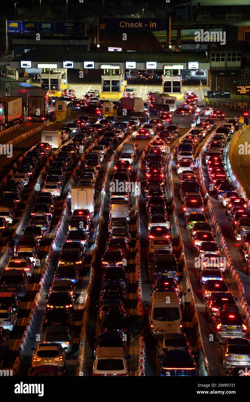Traffic queues for ferries at the Port of Dover in Kent as people ...