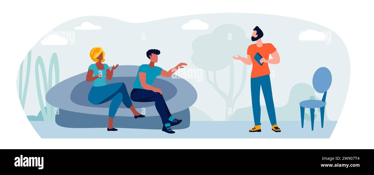 People talking against the backdrop of nature. Discussion. Friends ...