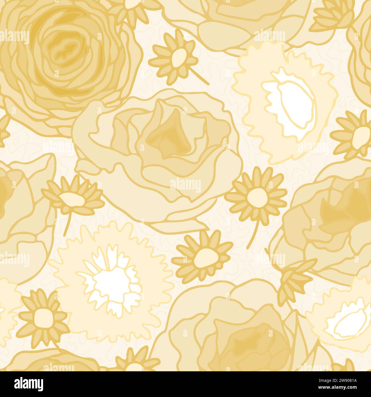 Seamless pattern of monochromatic yellow flowers, large scale romantic ...