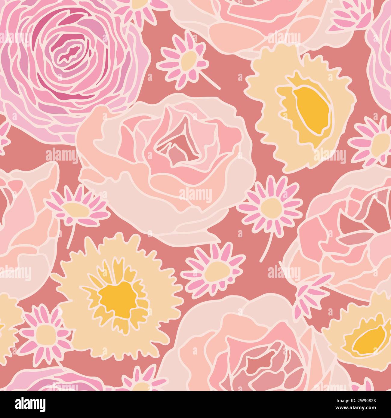 Pink roses and daisies on dust rose background, large scale seamless ...