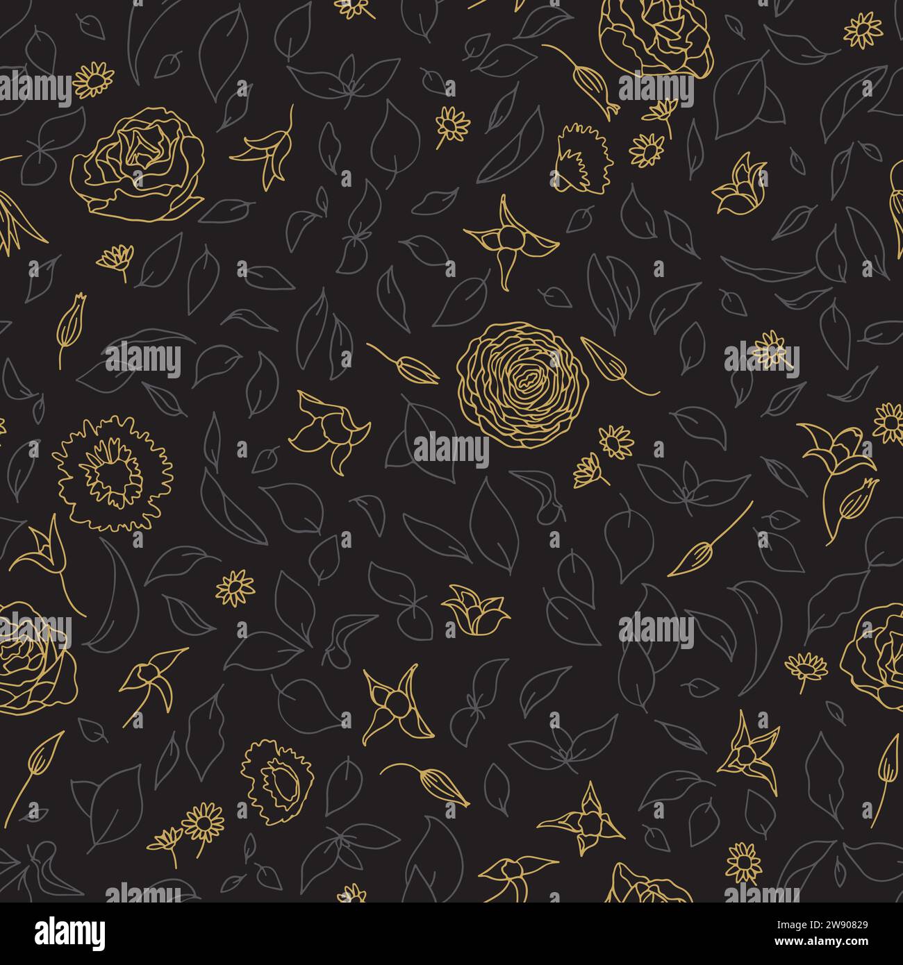Gold roses on the black background pattern, subtle tonal range ...