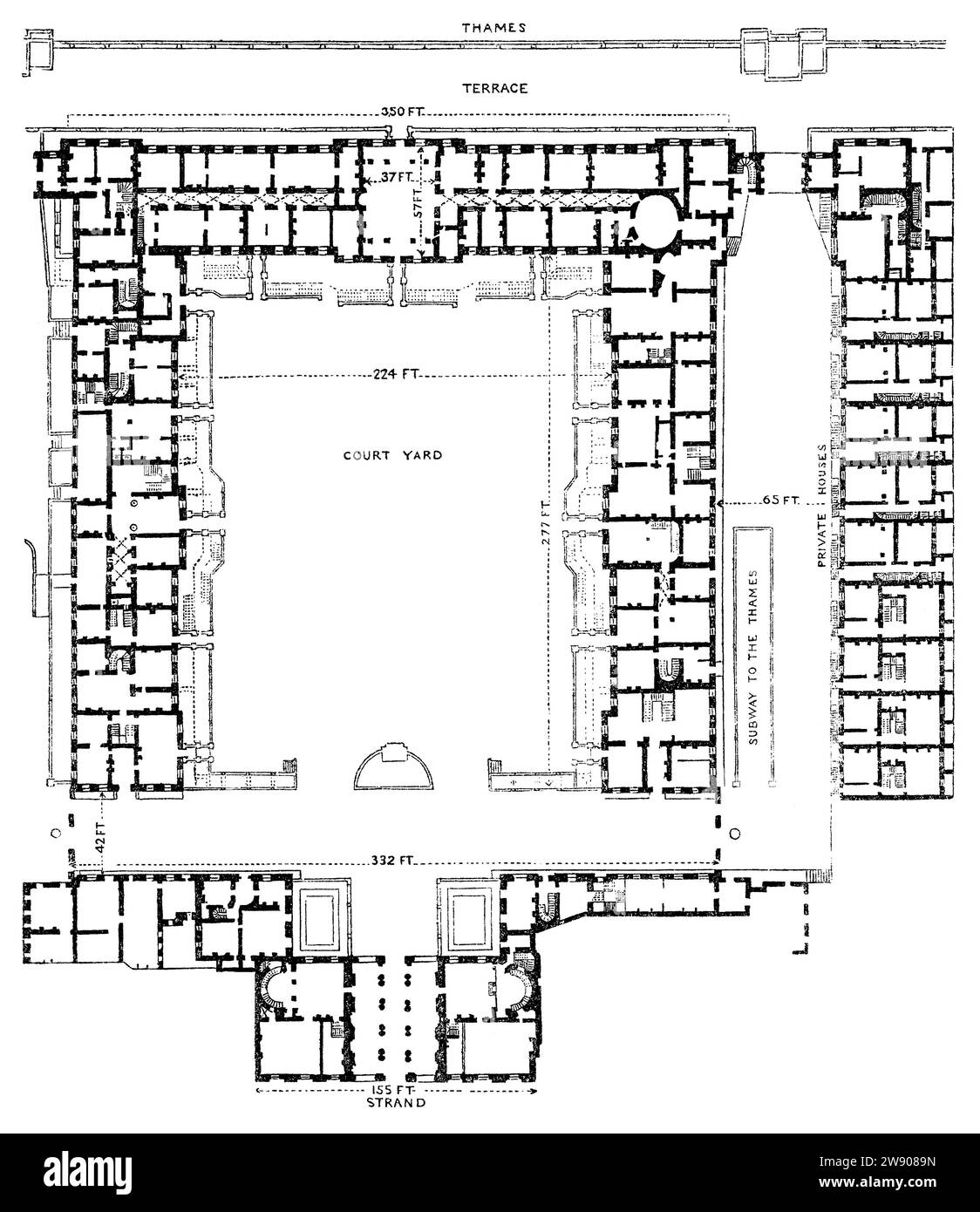 Vintage 1854 engraving of a plan of the centre and west wings of ...
