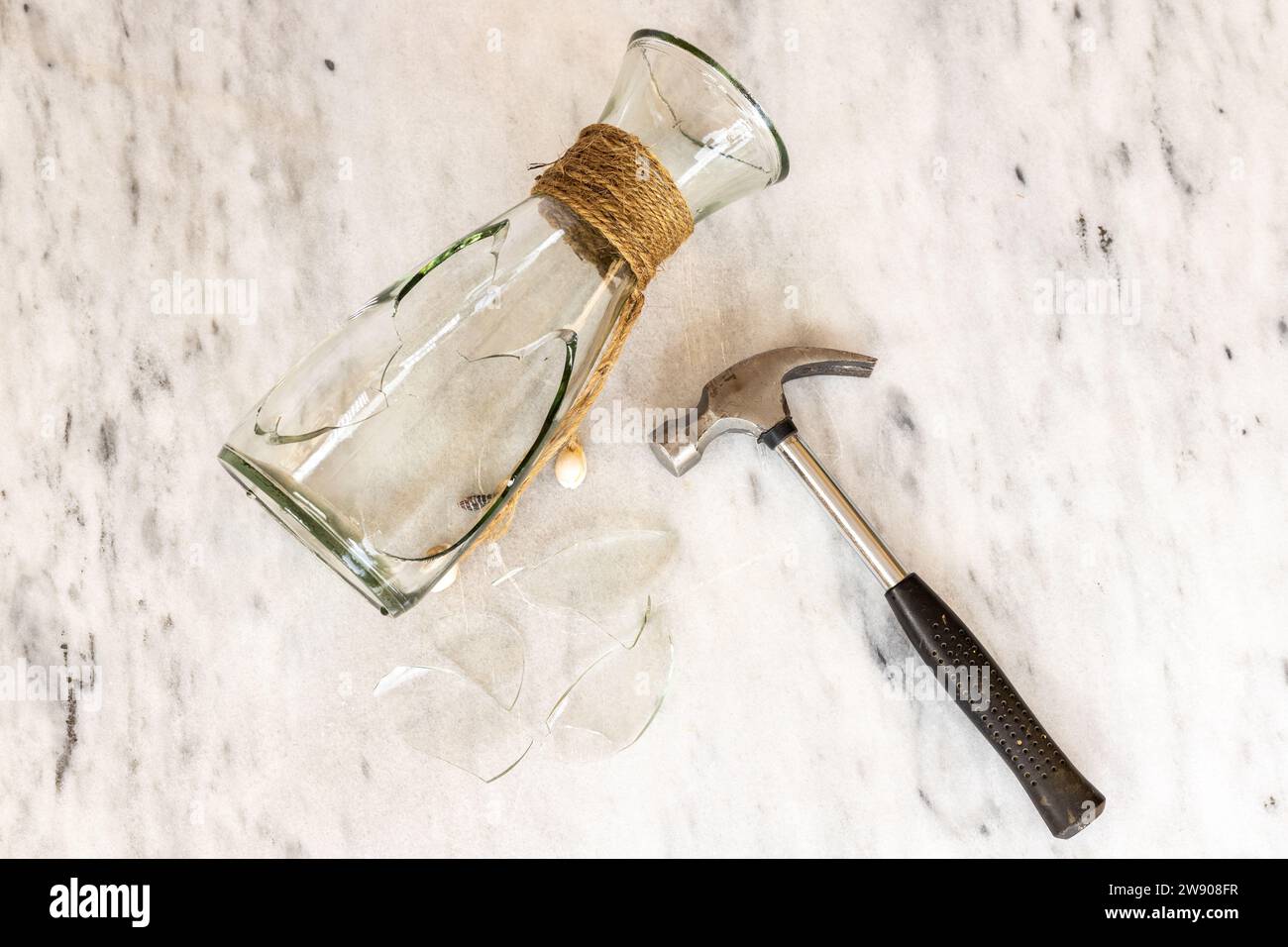 Decorative glass vase bottle smashed with a hammer. Top view Stock ...
