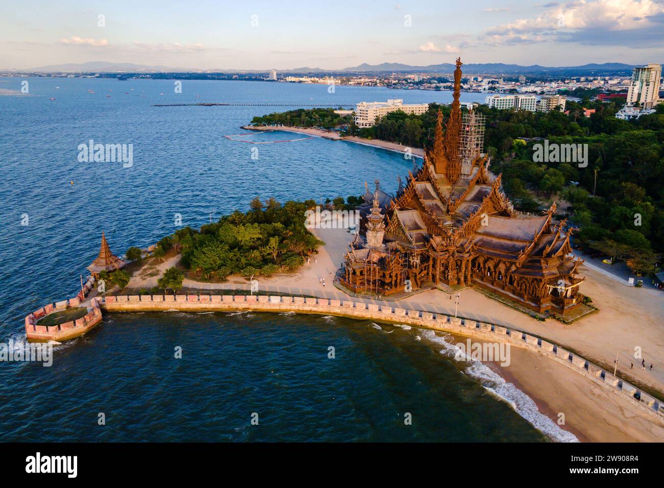 Drone aerial view at The Sanctuary of Truth wooden temple in Pattaya ...