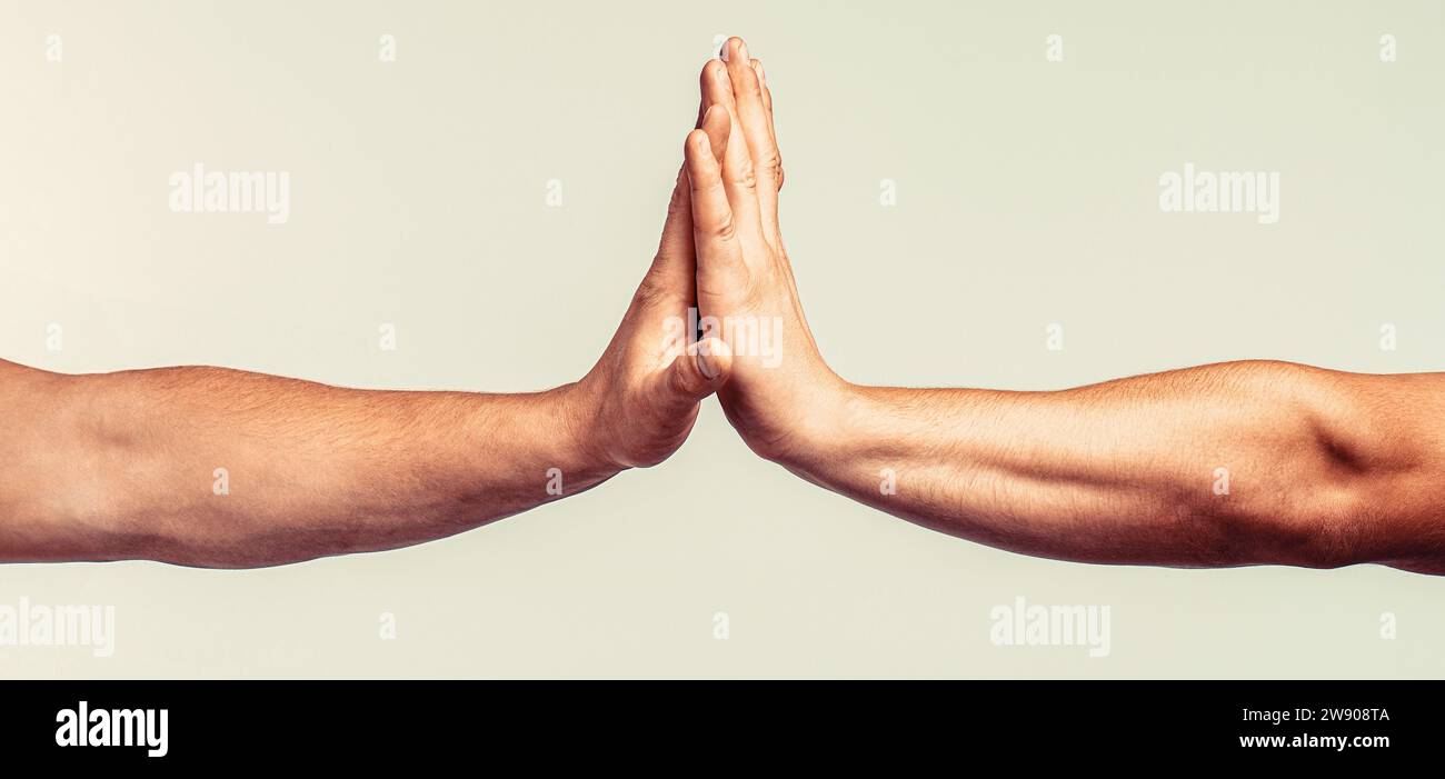 Two hands gestures. Giving high five. Two hands, male and man. High ...