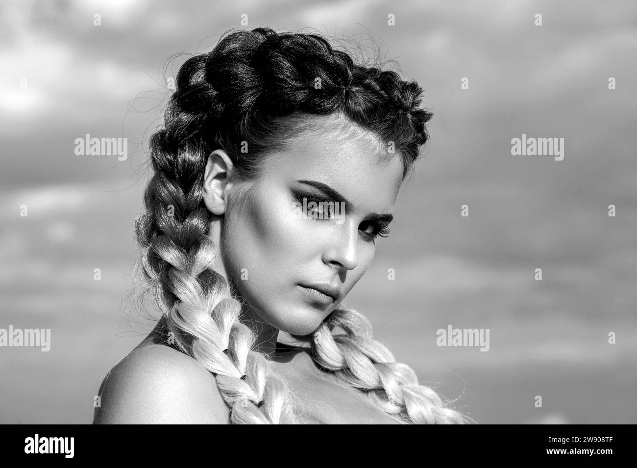 Pretty Woman Ombre Hair And Pro Makeup Girl Braids On Background Sky