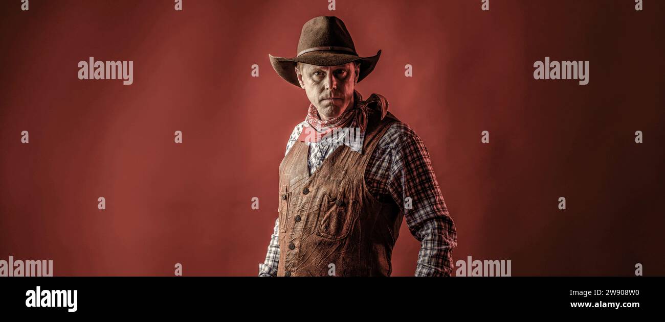 Cowboy wearing hat. Western life. Guy in cowboy hat. American bandit in ...