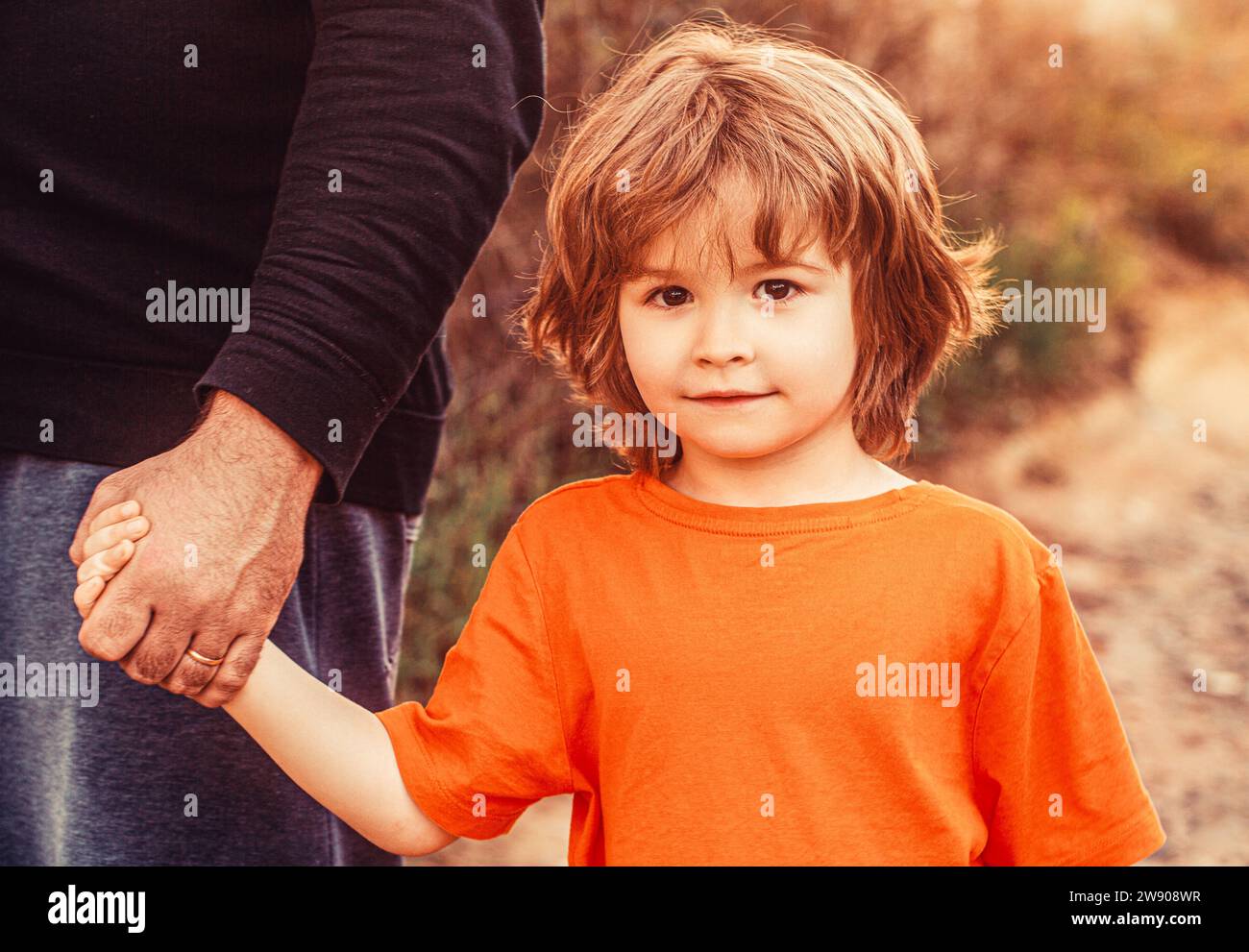 Father's hand lead his child son, trust family concept. Parents holds ...