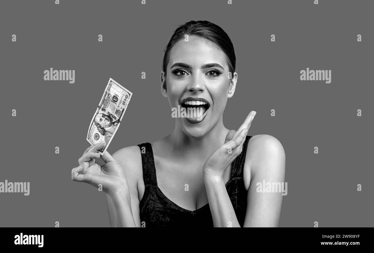 Woman with dollars in hand. Portrait woman holding money banknotes ...
