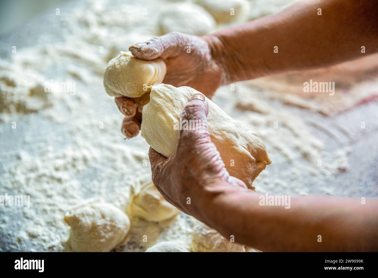 Process of making pies, hand. Hands pie dough. Dough for baking, pieces ...