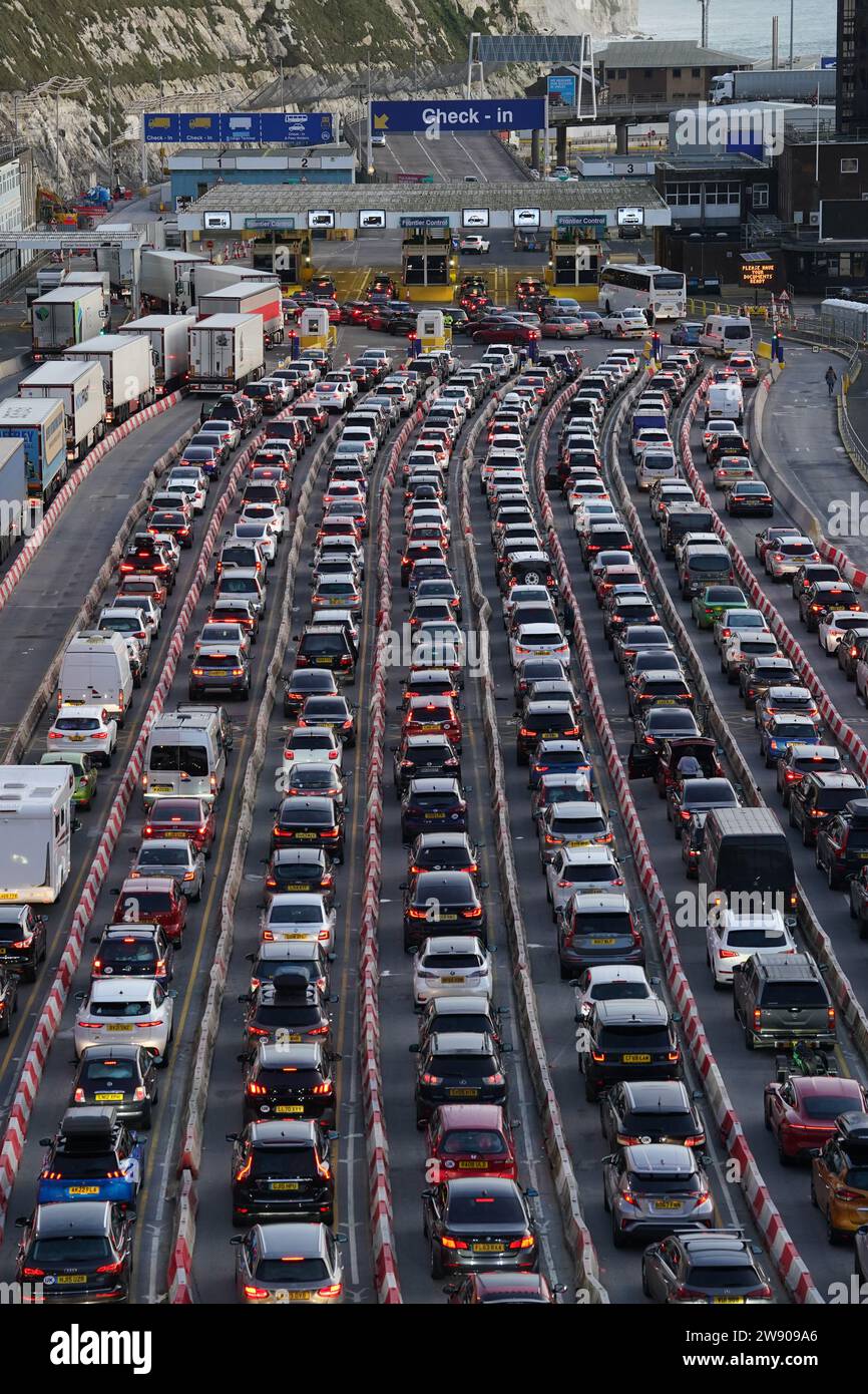 Traffic queues for ferries at the Port of Dover in Kent as people ...