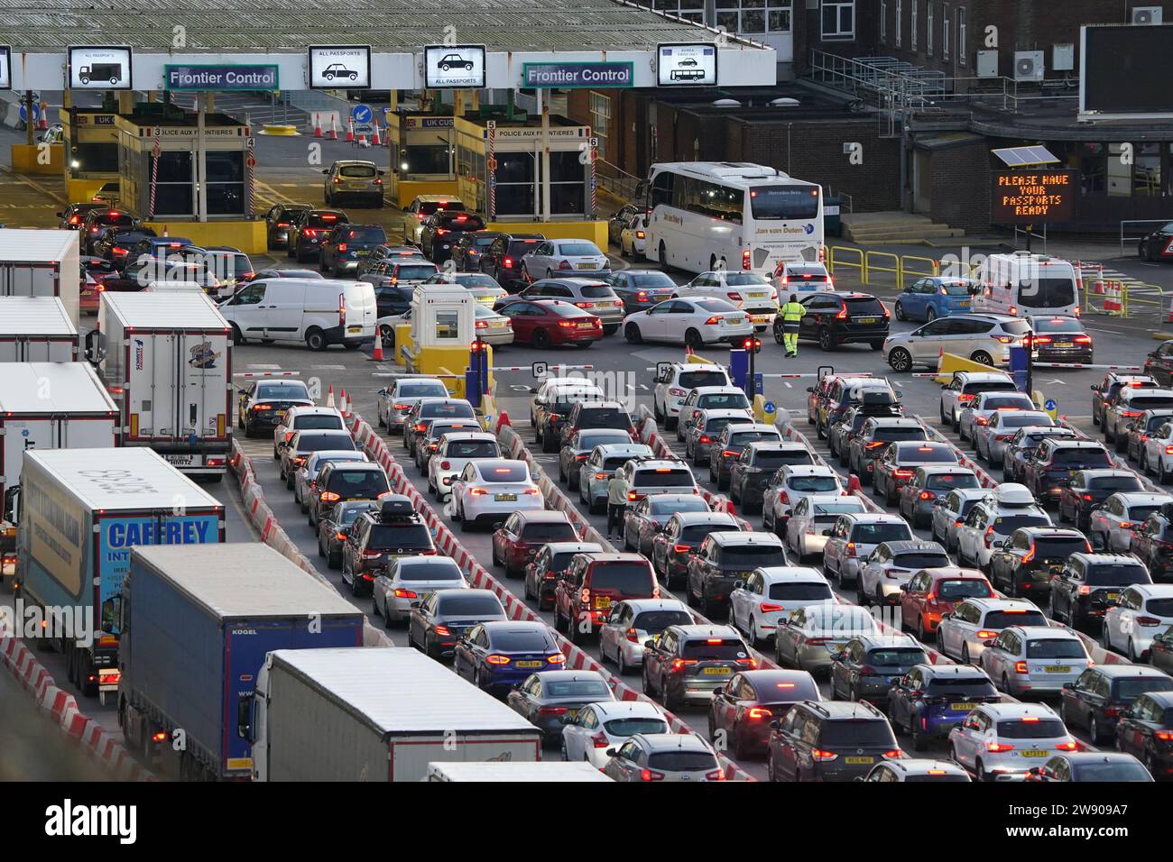 Traffic queues for ferries at the Port of Dover in Kent as people ...