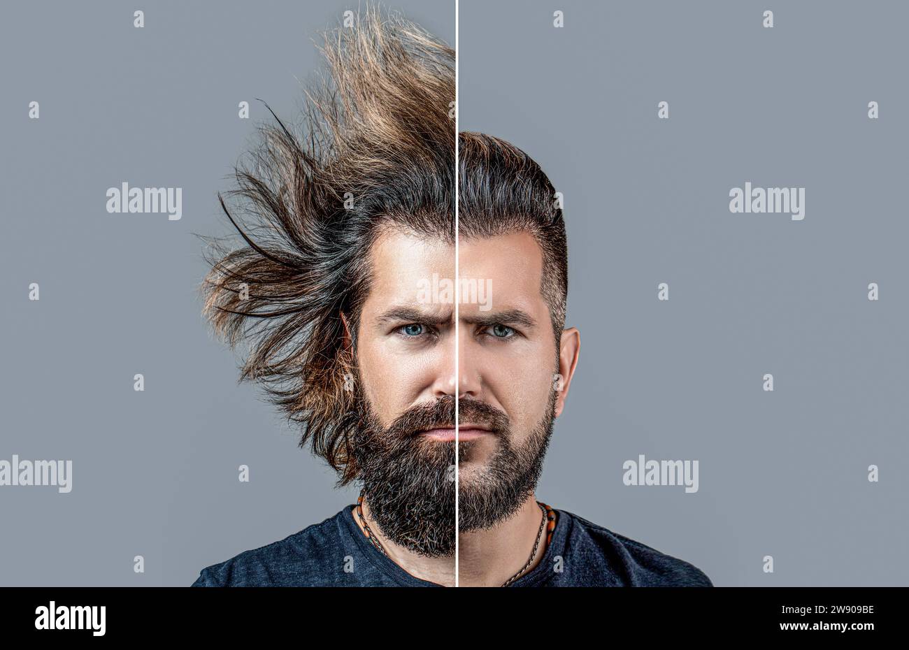 Half shaved. Handsome young man with half shaved face. Man with a beard ...