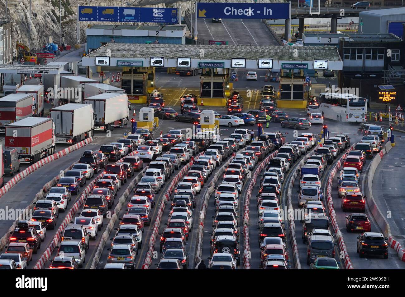 Traffic queues for ferries at the Port of Dover in Kent as people ...