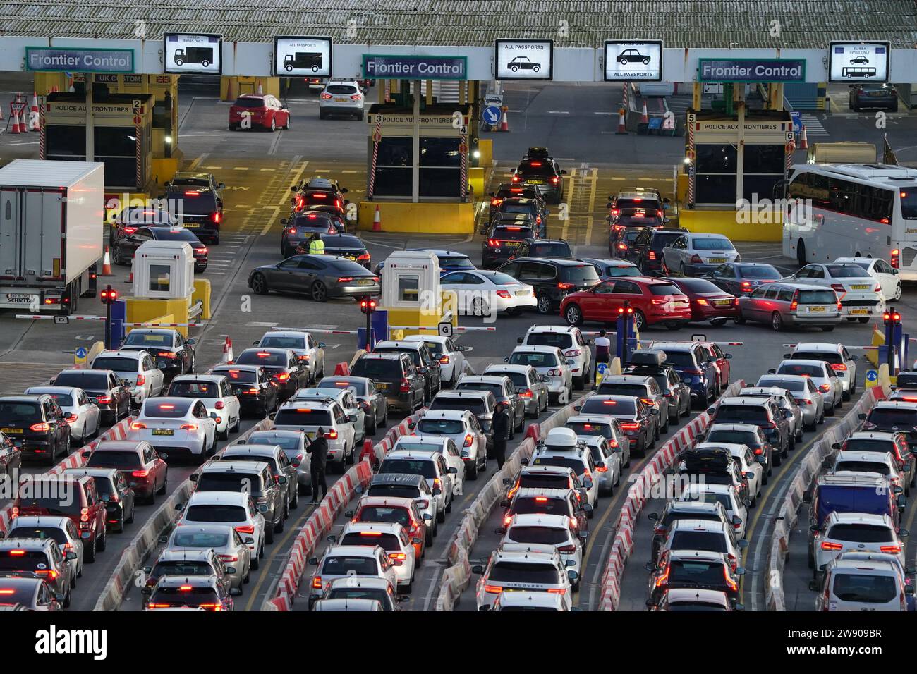Traffic queues for ferries at the Port of Dover in Kent as people ...