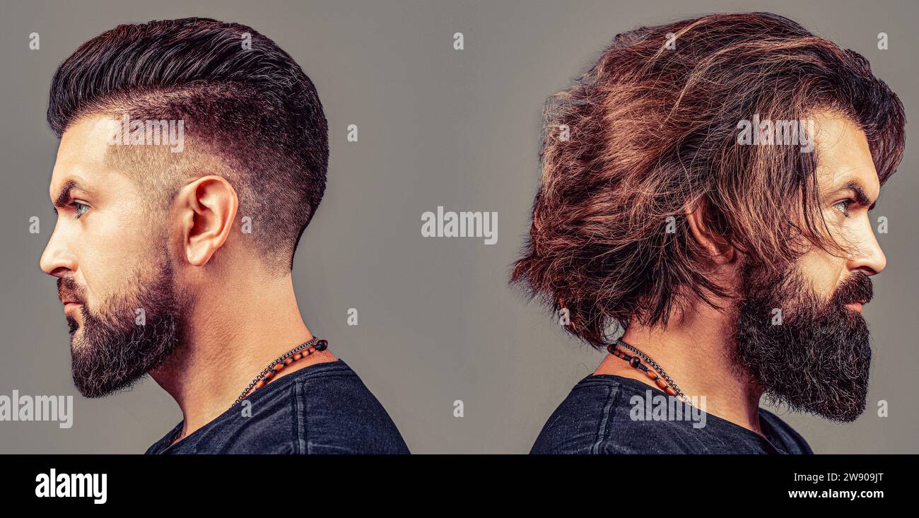 Male beauty, comparison. Shaving. Beard, shave before, after. Collage ...