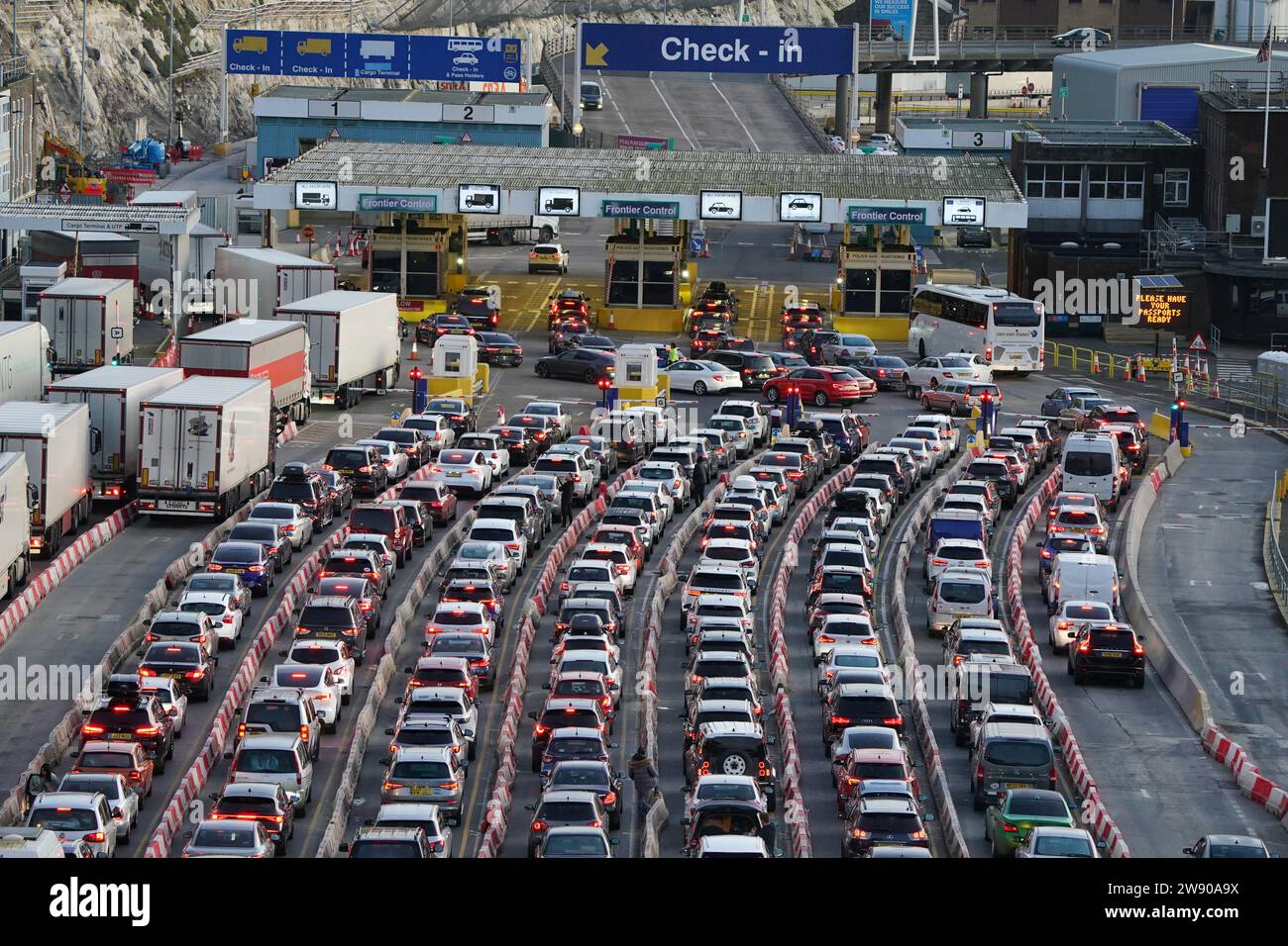 Traffic queues for ferries at the Port of Dover in Kent as people ...