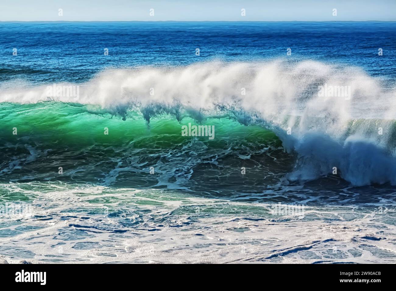 Massive, powerful tsunami wave crashing onto the coastline Stock Photo ...