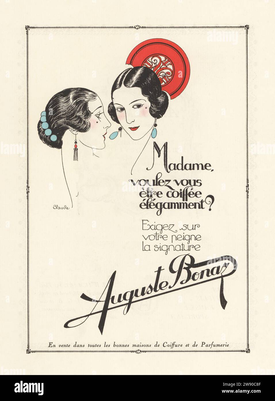Magazine advertisement for jeweler Auguste Bonaz, 1922. Two heads of ...