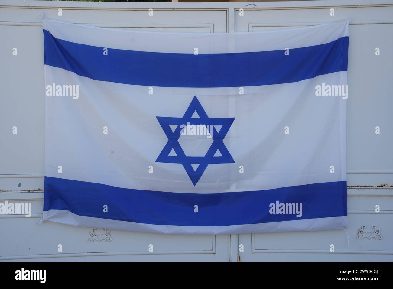 Israel flag white and blue showing the Star of David hanging proudly ...